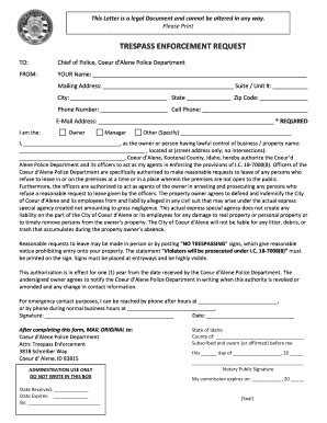 Fillable Online cdaid TRESPASS ENFORCEMENT REQUEST - City of Coeur ...