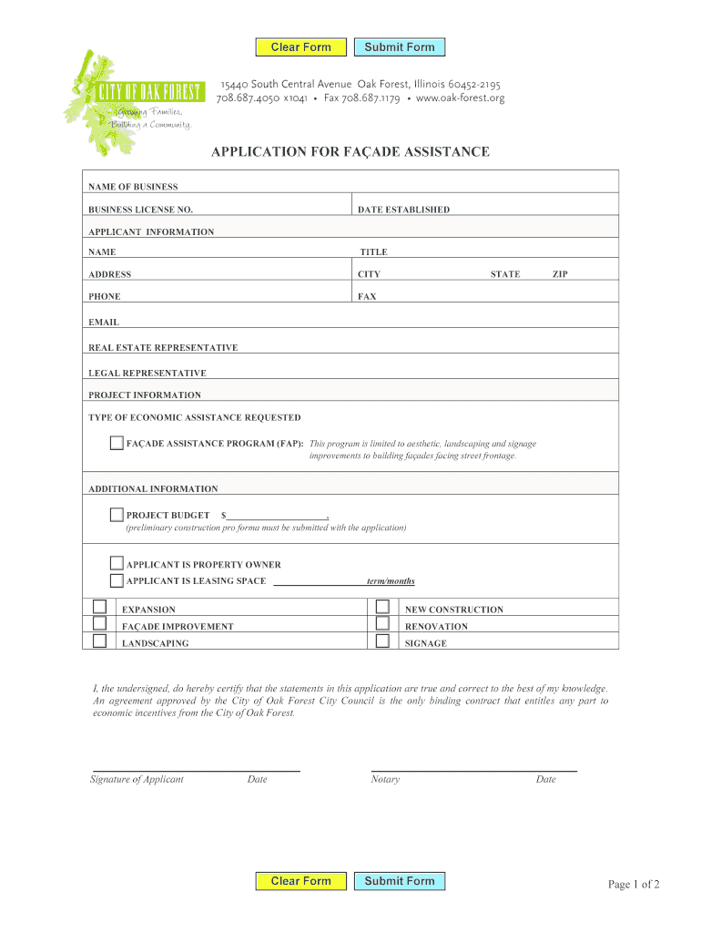 Fillable Online oak-forest City of Oak Forest - Facade Assistance Application - Fill-in Fax ...