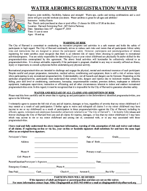 Fillable Online cityofharvard WATER AEROBICS REGISTRATION WAIVER ...