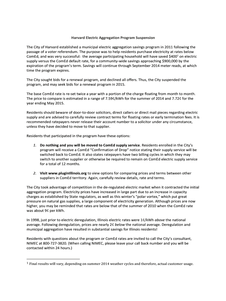 Fillable Online cityofharvard Harvard Electric Aggregation Program Suspension - cityofharvard ...
