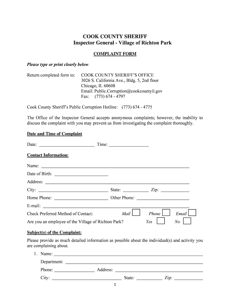 Fillable Online richtonpark COOK COUNTY SHERIFF Inspector General ...