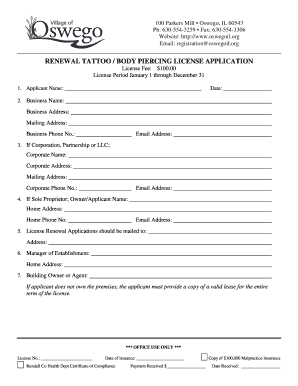 Fillable Online oswegoil RENEWAL TATTOO BODY PIERCING LICENSE ...