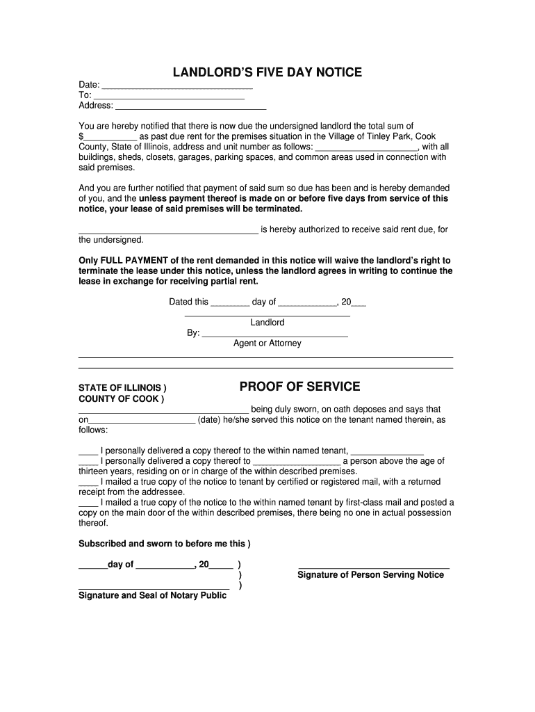 Fillable Online tinleypark LANDLORDS FIVE DAY NOTICE - Tinley Park ...