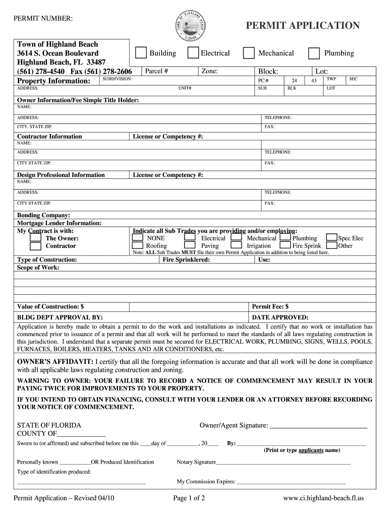 Fillable Online ci highland-beach fl PERMIT NUMBER PERMIT APPLICATION ...