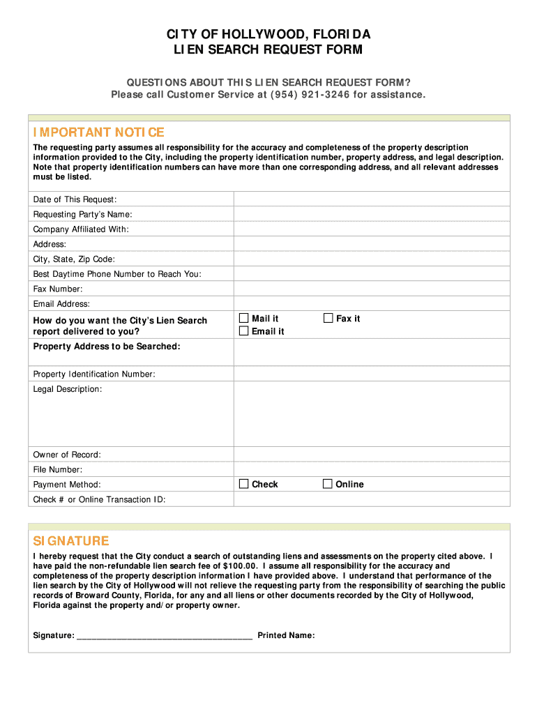 Fillable Online hollywoodfl CITY OF HOLLYWOOD FLORIDA LIEN SEARCH ...