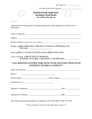 Fillable Online cityofhiawatha Roofing Permit Application including ...