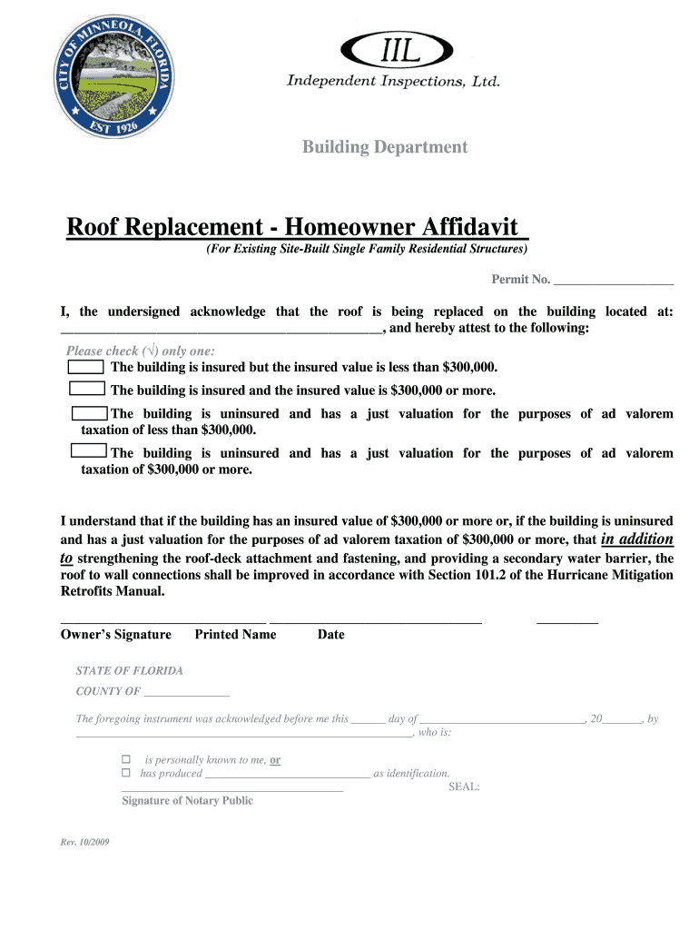 Fillable Online Roof Replacement - Homeowner Affidavit - Minneola Fax ...