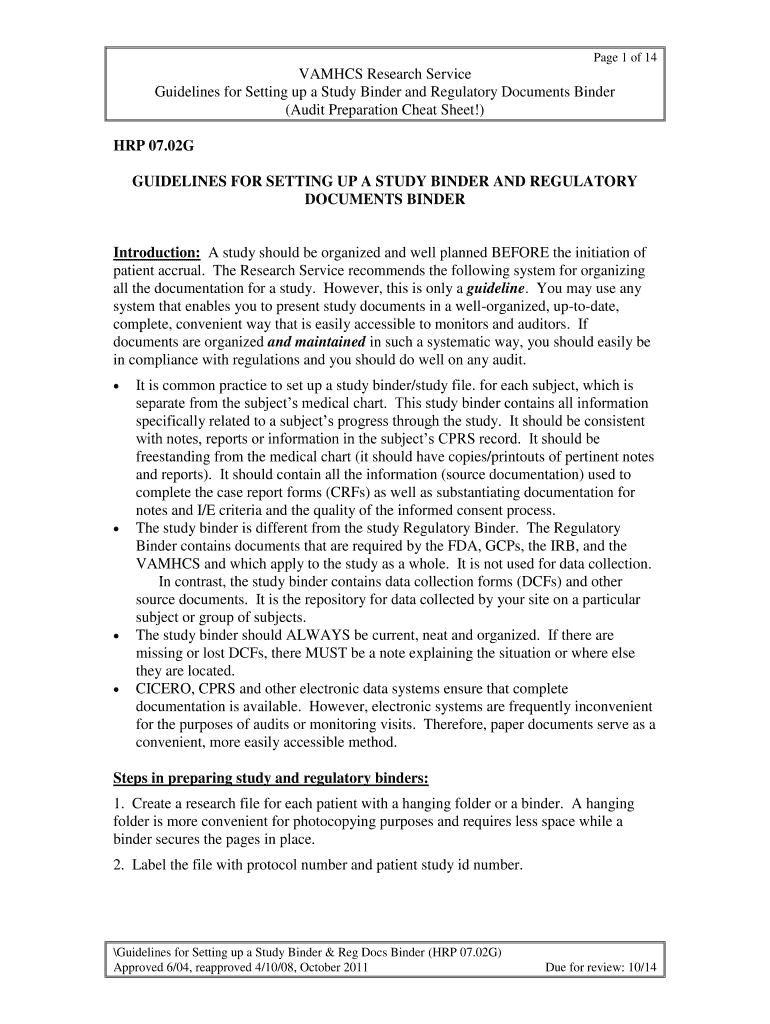 Fillable Online Guidelines for Setting up a Study Binder and Regulatory ...
