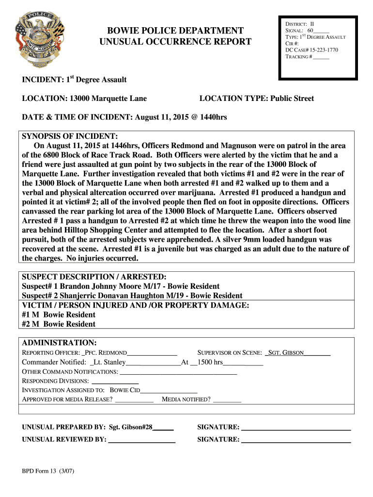 Unusual Occurrence Report - Fill Online, Printable, Fillable, Blank ...