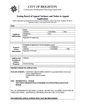 Fillable Online brightoncity Zoning Board of Appeal Variance and Notice ...