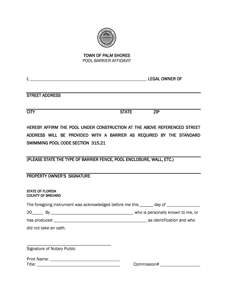 Fillable Online townofpalmshores POOL BARRIER AFFIDAVIT ...