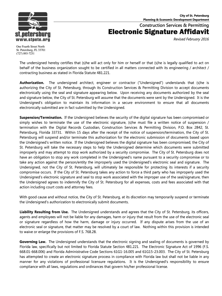 Fillable Online Electronic Signature Affidavit - City of St. Petersburg ...