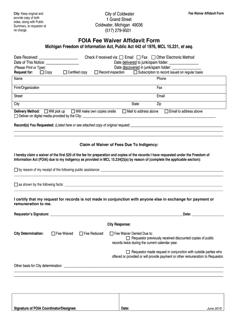 Fillable Online coldwater FOIA Fee Waiver Affidavit Form et seq ...
