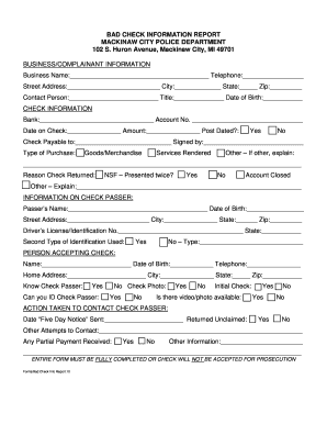 Fillable Online mackinawcity BAD CHECK INFORMATION REPORT MACKINAW CITY ...