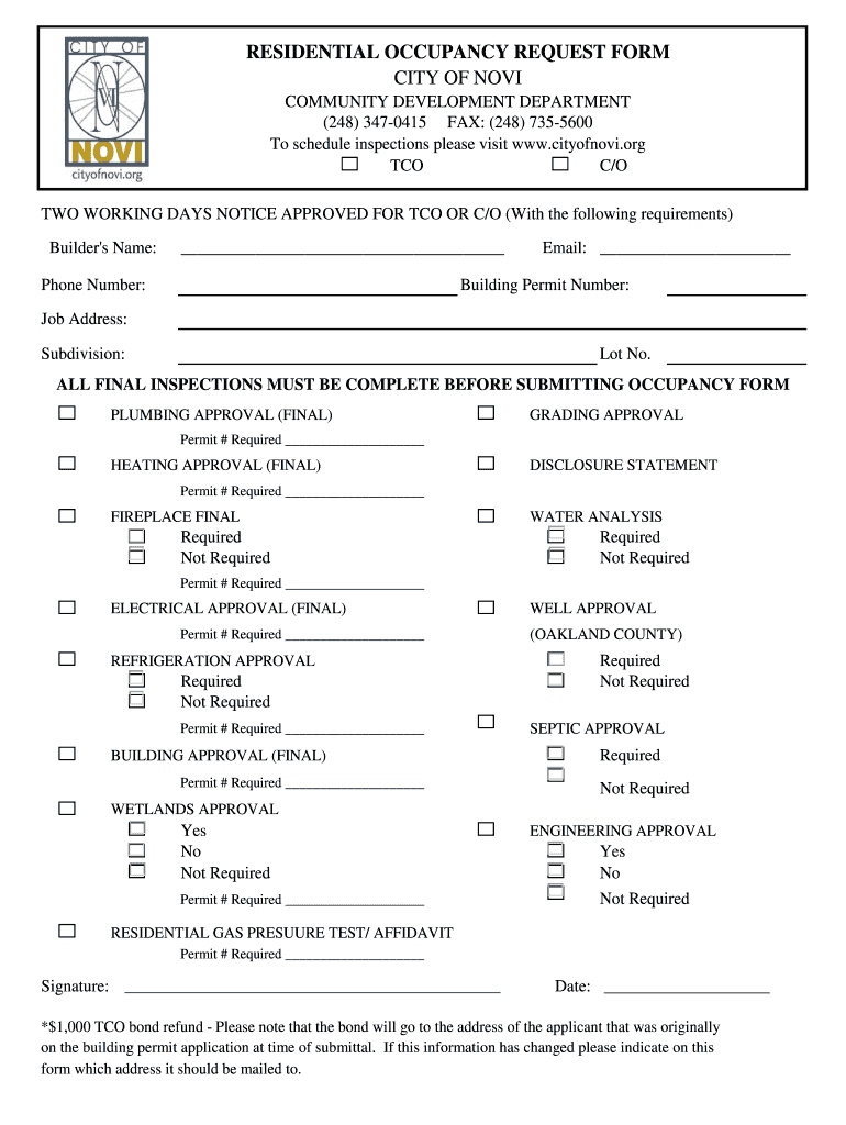 Fillable Online cityofnovi Residential Occupancy Request - Novi ...