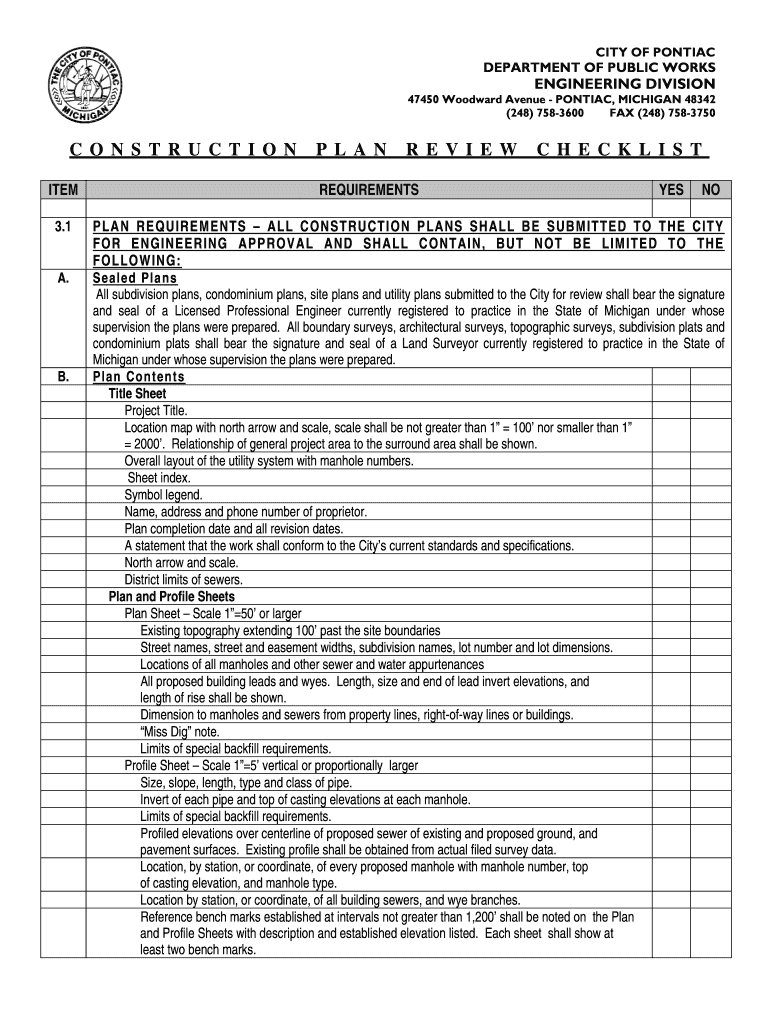 Fillable Online CONSTRUCTION PLAN REVIEW CHECKLIST - pontiacmius Fax Email Print - pdfFiller