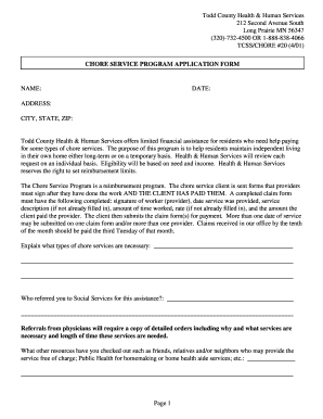 Fillable Online co todd mn CHORE SERVICE PROGRAM APPLICATION FORM - co ...