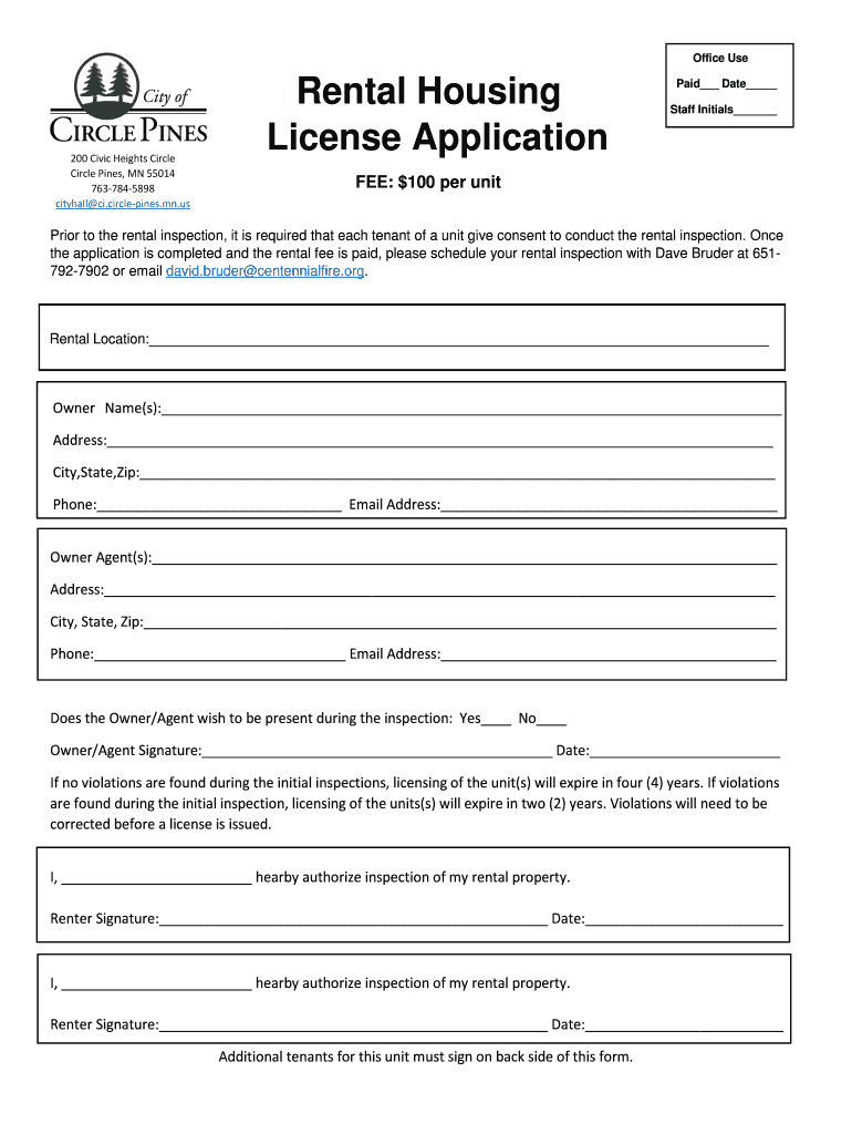 Fillable Online ci circle-pines mn Office Use Rental Housing Paid Date ...