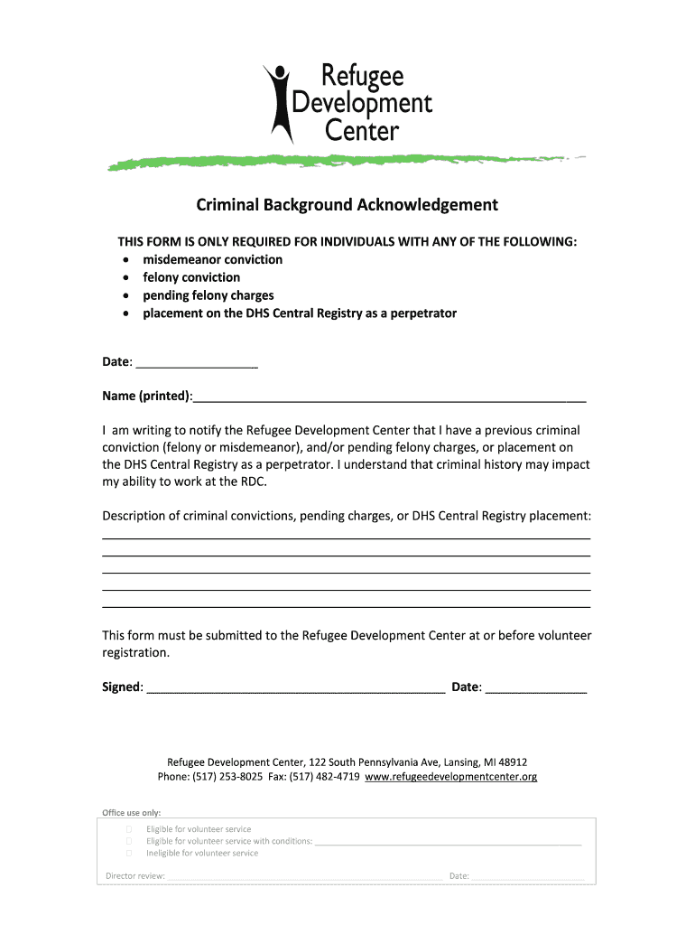Fillable Online refugeedevelopmentcenter Criminal Background Acknowledgement ...