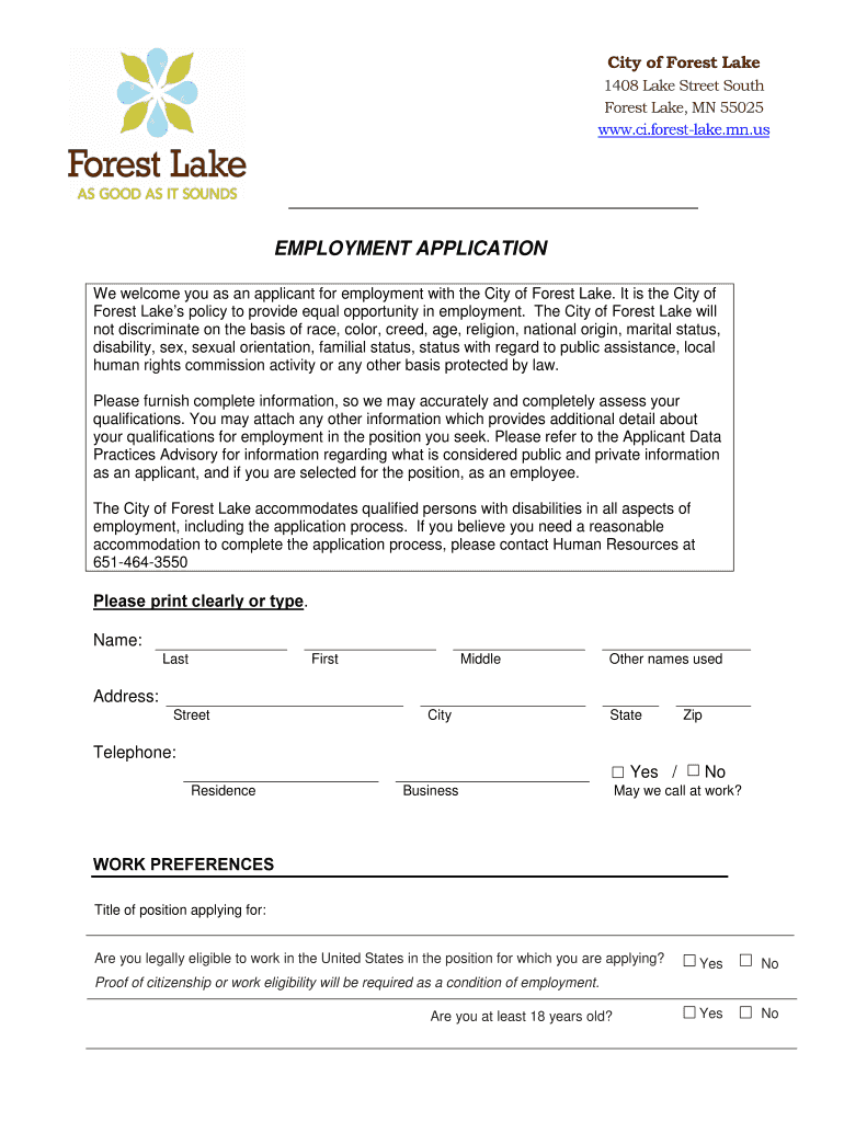 Fillable Online ci forest-lake mn EMPLOYMENT APPLICATION - ciforest ...