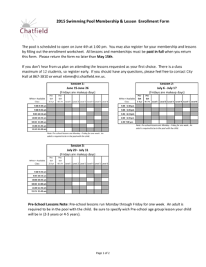 Fillable Online 2015 Swimming Pool Membership Lesson Enrollment Form ...