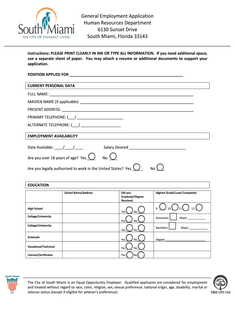 Fillable Online southmiamifl General Employment Application- South ...