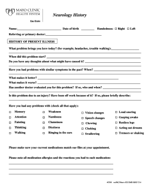 Fillable Online Neurology History - Mayo Clinic Health System Fax Email ...
