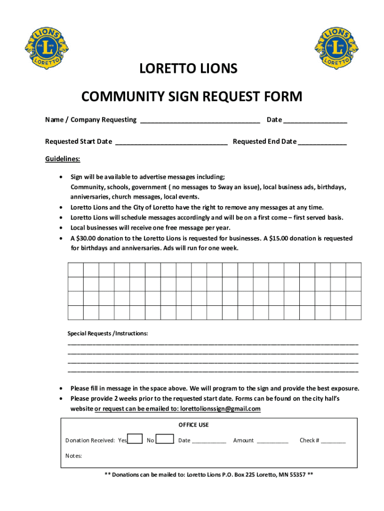 Fillable Online LORETTO LIONS COMMUNITY SIGN REQUEST FORM Fax Email ...