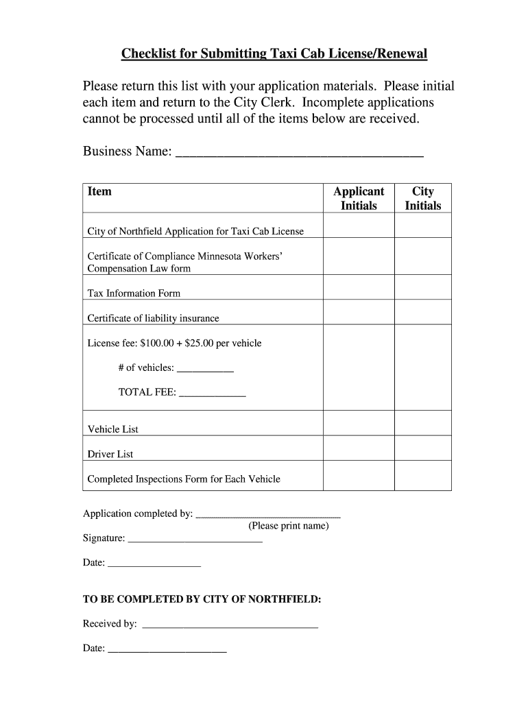 Fillable Online Checklist for Submitting Taxi Cab LicenseRenewal Fax ...
