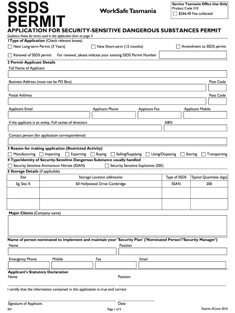 Fillable Online worksafe tas gov Application for Security-Sensitive ...