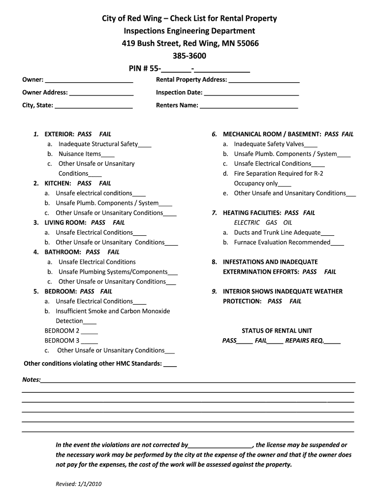 Fillable Online red-wing City of Red Wing Check List for Rental ...