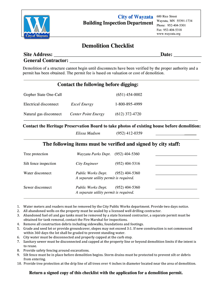 Fillable Online wayzata Demolition Checklist - Wayzata MN - wayzata Fax ...