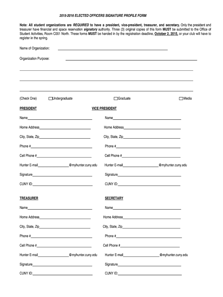 Fillable Online hunter cuny B2015b-2016 ELECTED OFFICERS bSIGNATUREb ...