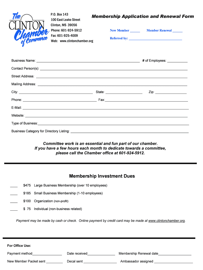 Fillable Online clintonms PO Box 143 Membership Application and Renewal ...