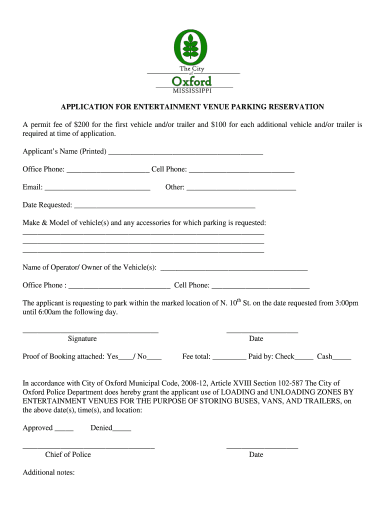 Fillable Online APPLICATION FOR ENTERTAINMENT VENUE PARKING RESERVATION ...