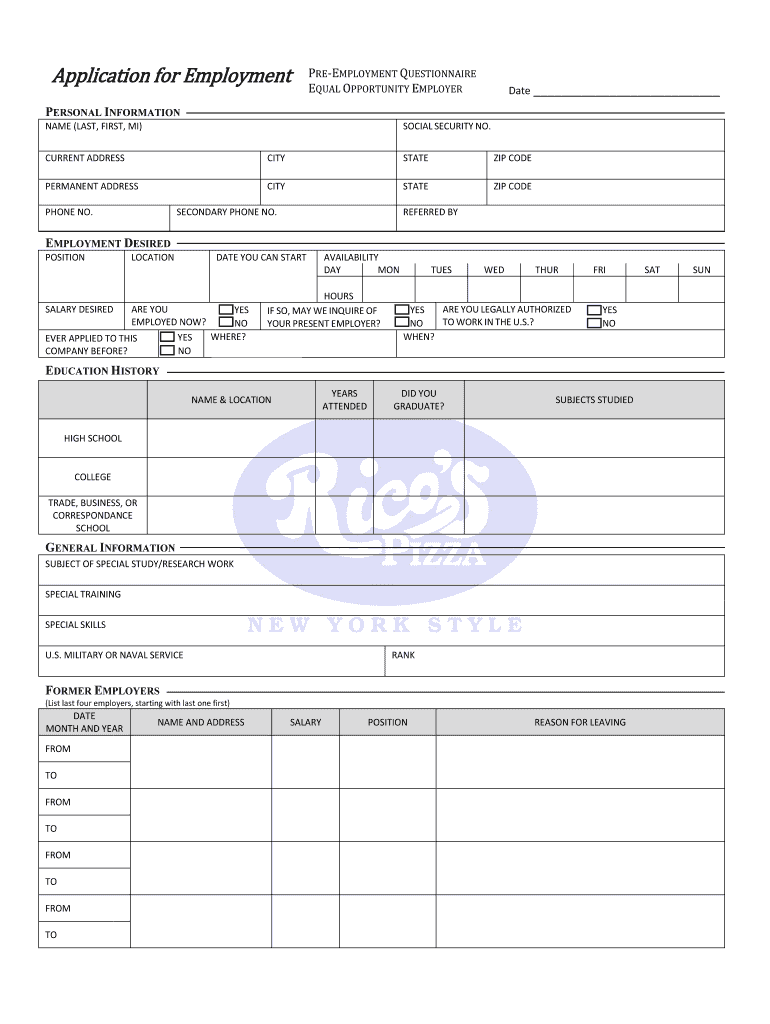 Fillable Online BApplicationb for Employment PRE-EMPLOYMENT ...