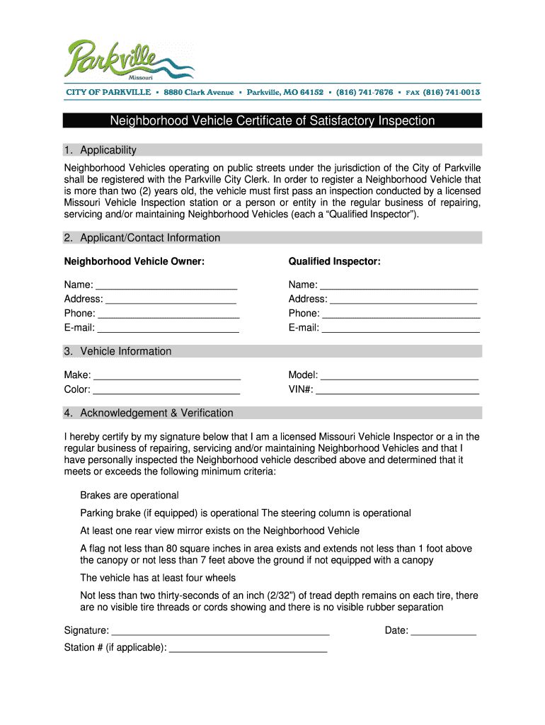 Fillable Online Neighborhood Vehicle Certificate of Satisfactory ...
