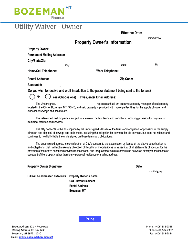 Fillable Online City of Bozeman Owner Utility Waiver Utility Service ...