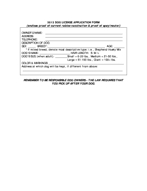 Fillable Online highbridge 2013 DOG LICENSE APPLICATION FORM enclose ...
