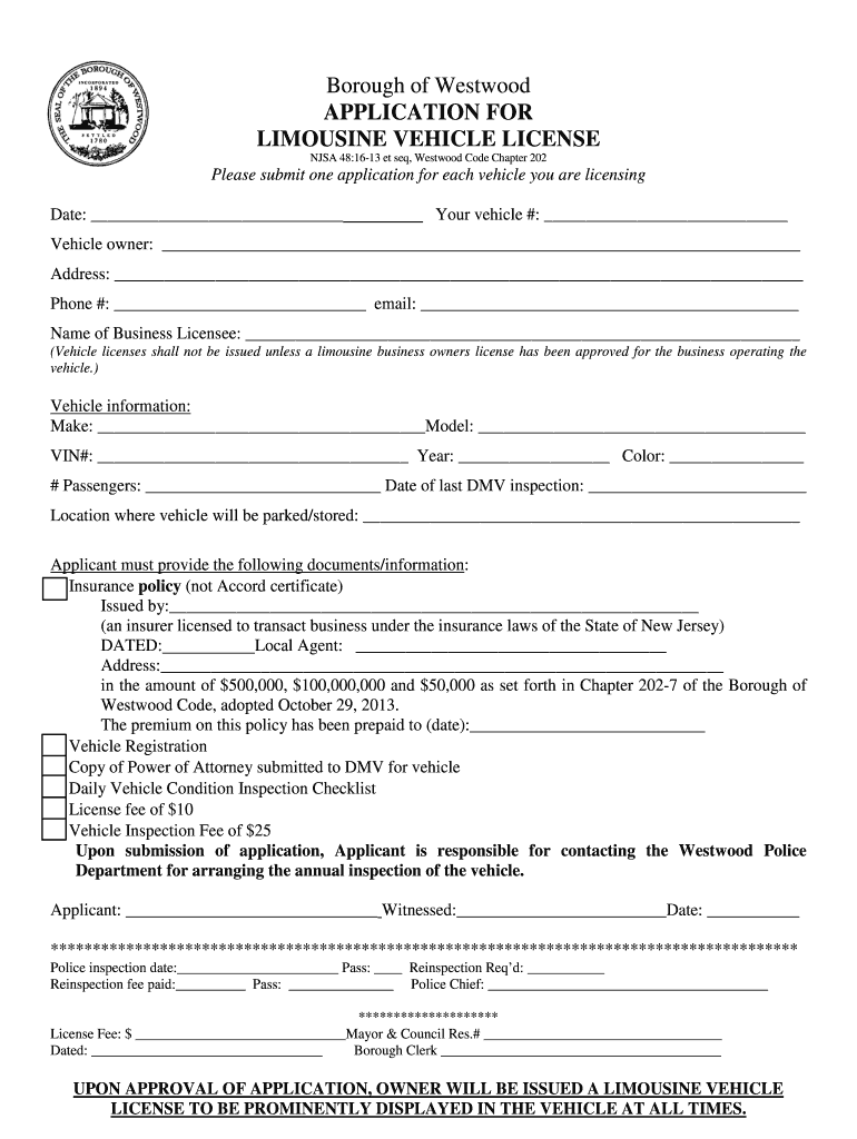 Fillable Online Borough of Westwood APPLICATION FOR LIMOUSINE VEHICLE ...
