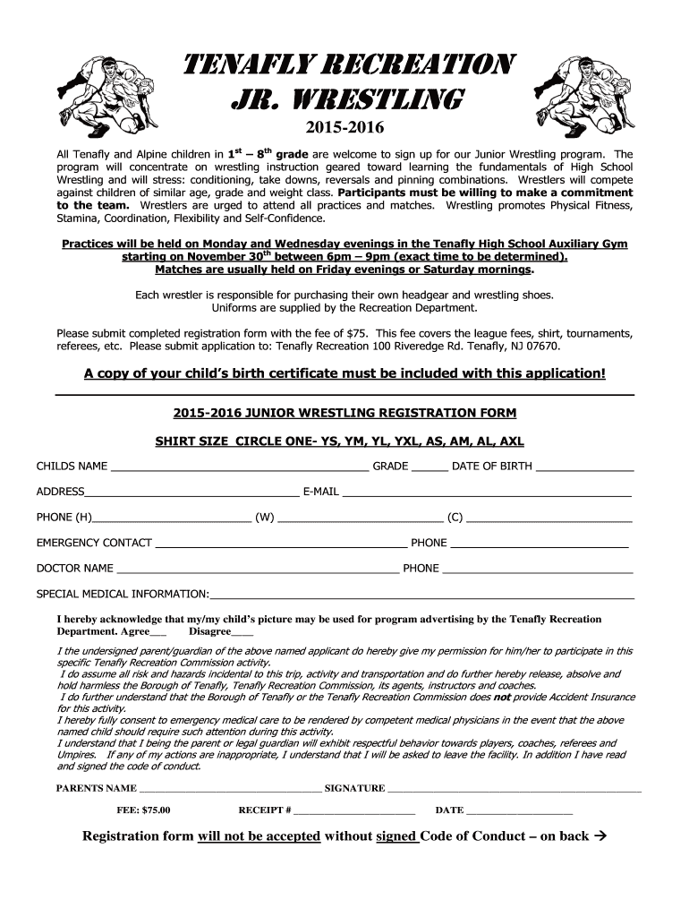Fillable Online 2015 Wrestling Registration Form Fax Email Print ...