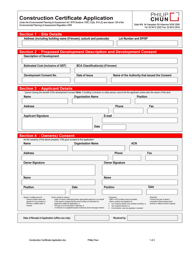 Fillable Online Construction Certificate bApplicationb - Philip Chun ...