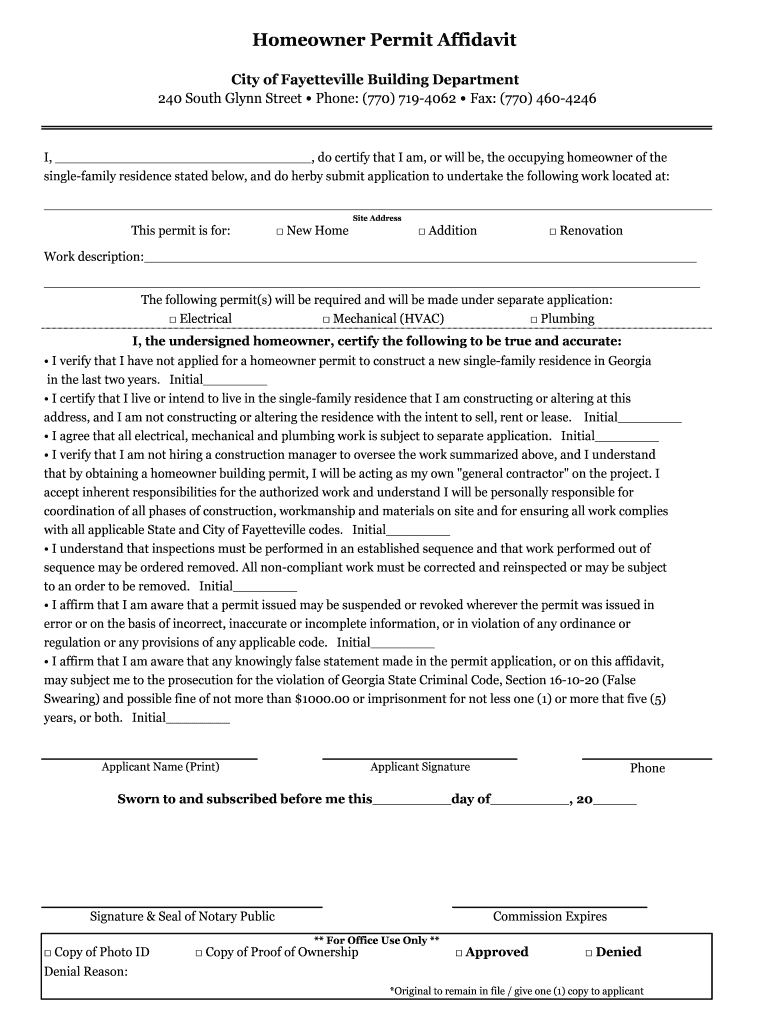 Fillable Online Homeowner Permit Affidavit - Fayetteville Georgia Fax ...
