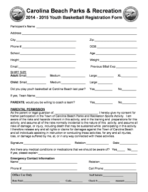 Fillable Online carolinabeach 2014 - 2015 Youth Basketball Registration ...