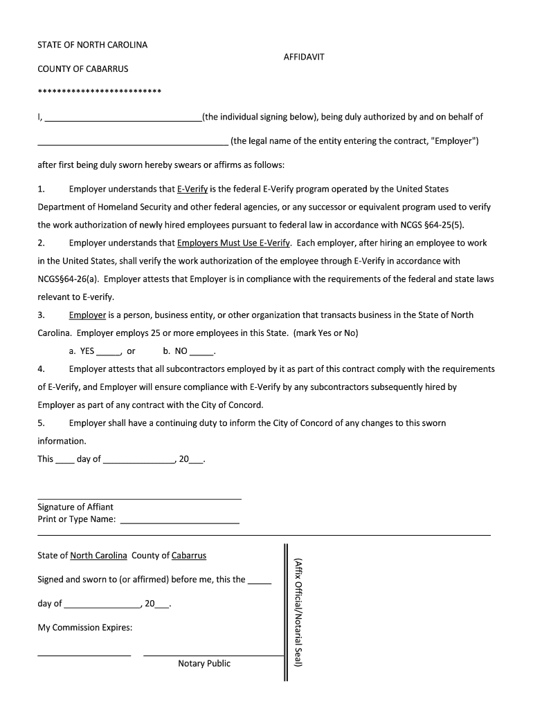 Fillable Online concordnc STATE OF NORTH CAROLINA AFFIDAVIT COUNTY OF ...