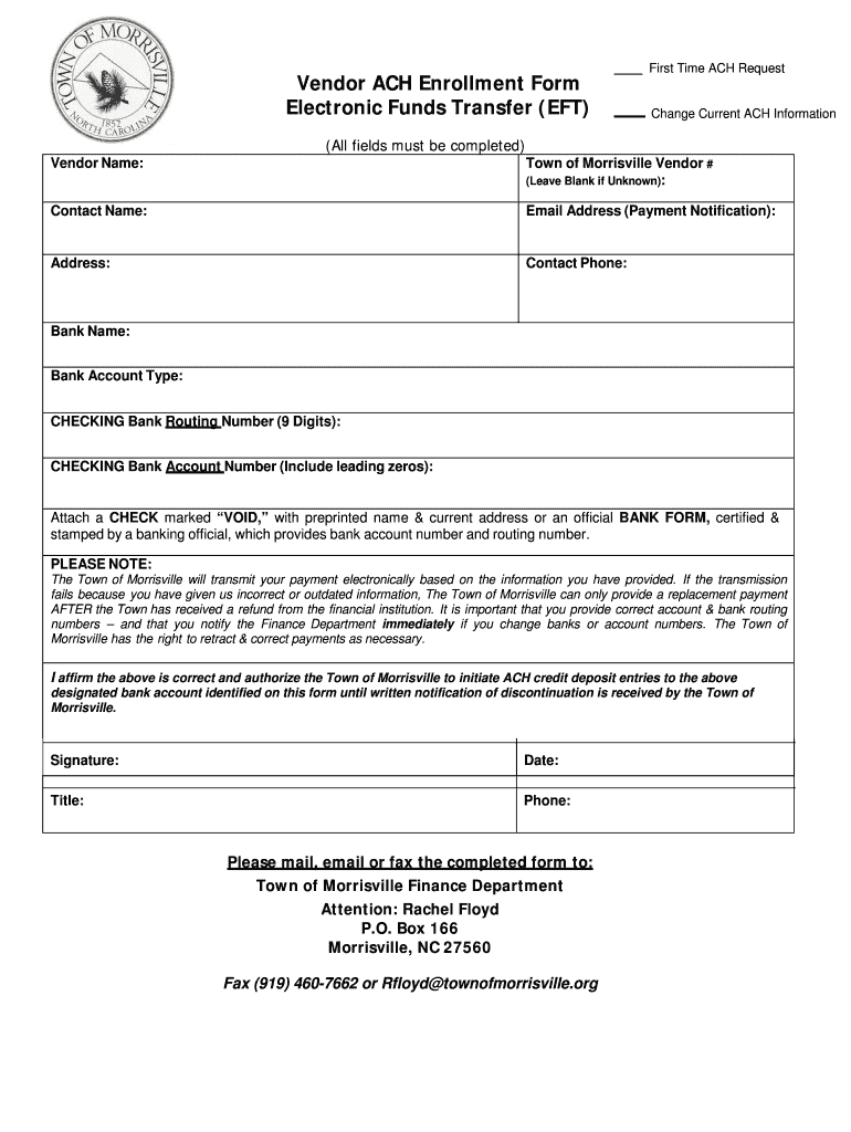 Fillable Online ci morrisville nc First Time ACH Request Vendor ACH ...