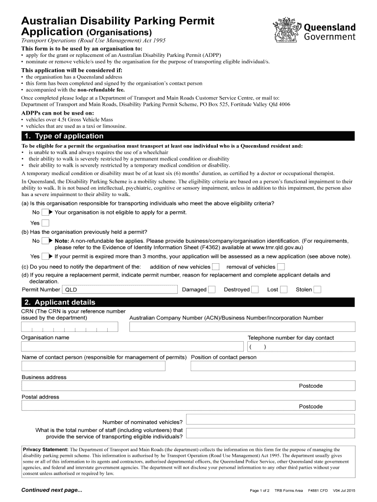 Fillable Online support transport qld gov Australian Disability Parking bPermitb Application ...
