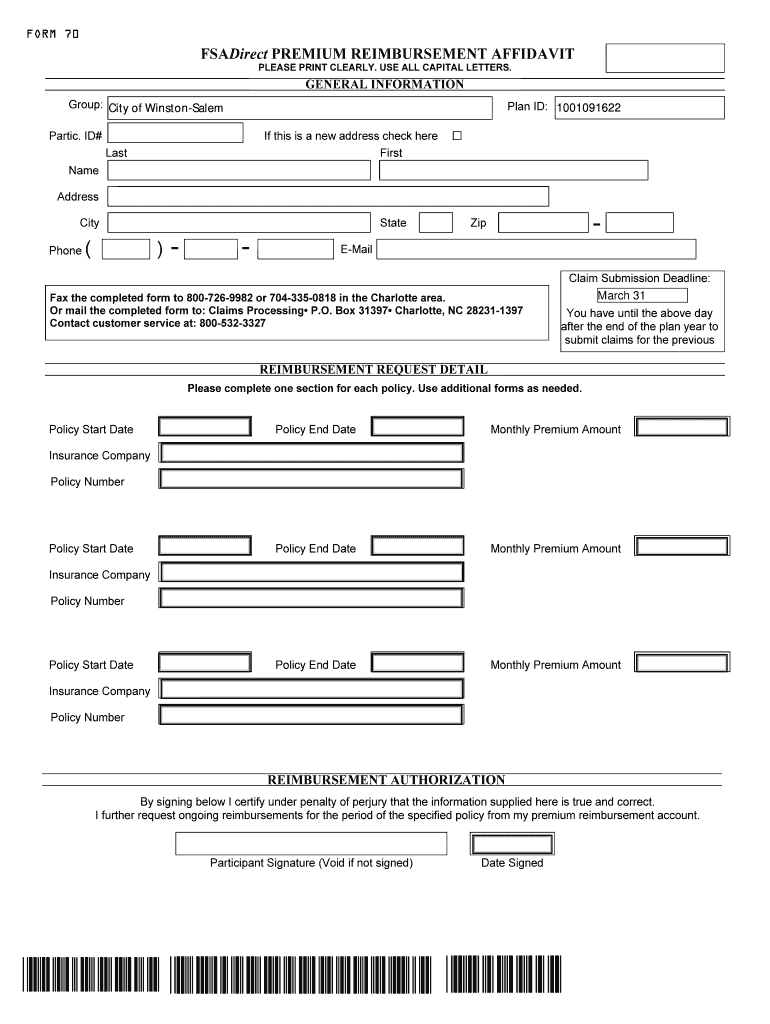 Fillable Online cityofws FORM 70 FSADirect PREMIUM REIMBURSEMENT ...