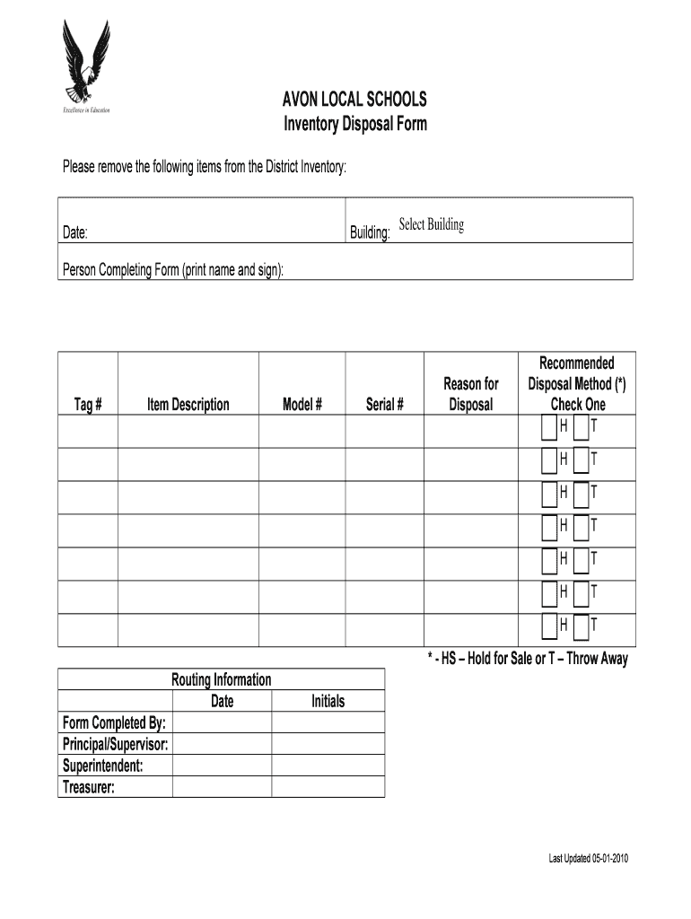 Fillable Online avonlocalschools Inventory Disposal Form Fax Email ...