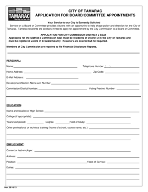 Fillable Online tamarac CITY OF TAMARAC APPLICATION FOR BOARDCOMMITTEE ...